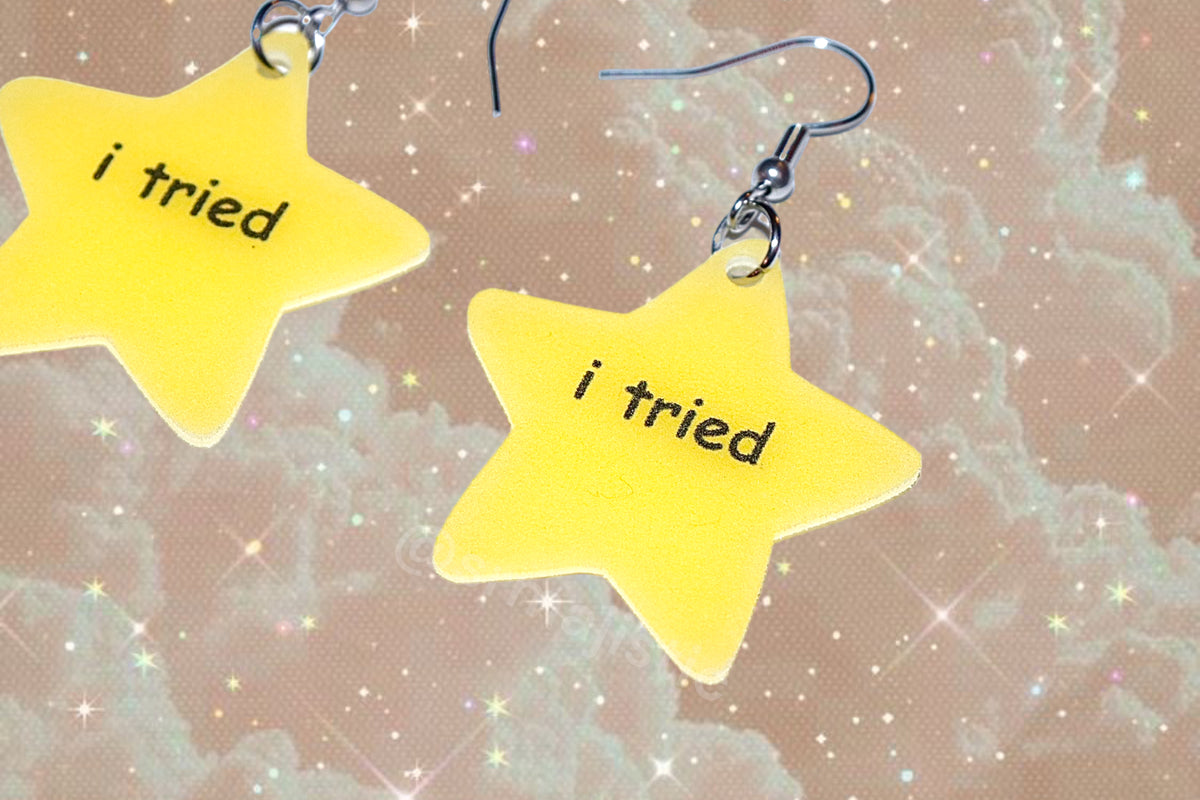 ‘I Tried’ Gold Star Sticker Funny Handmade Earrings! – Sam Makes Things